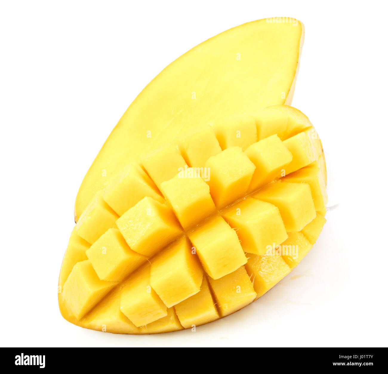 mango slice cut to cubes close up isolated on white background Stock ...