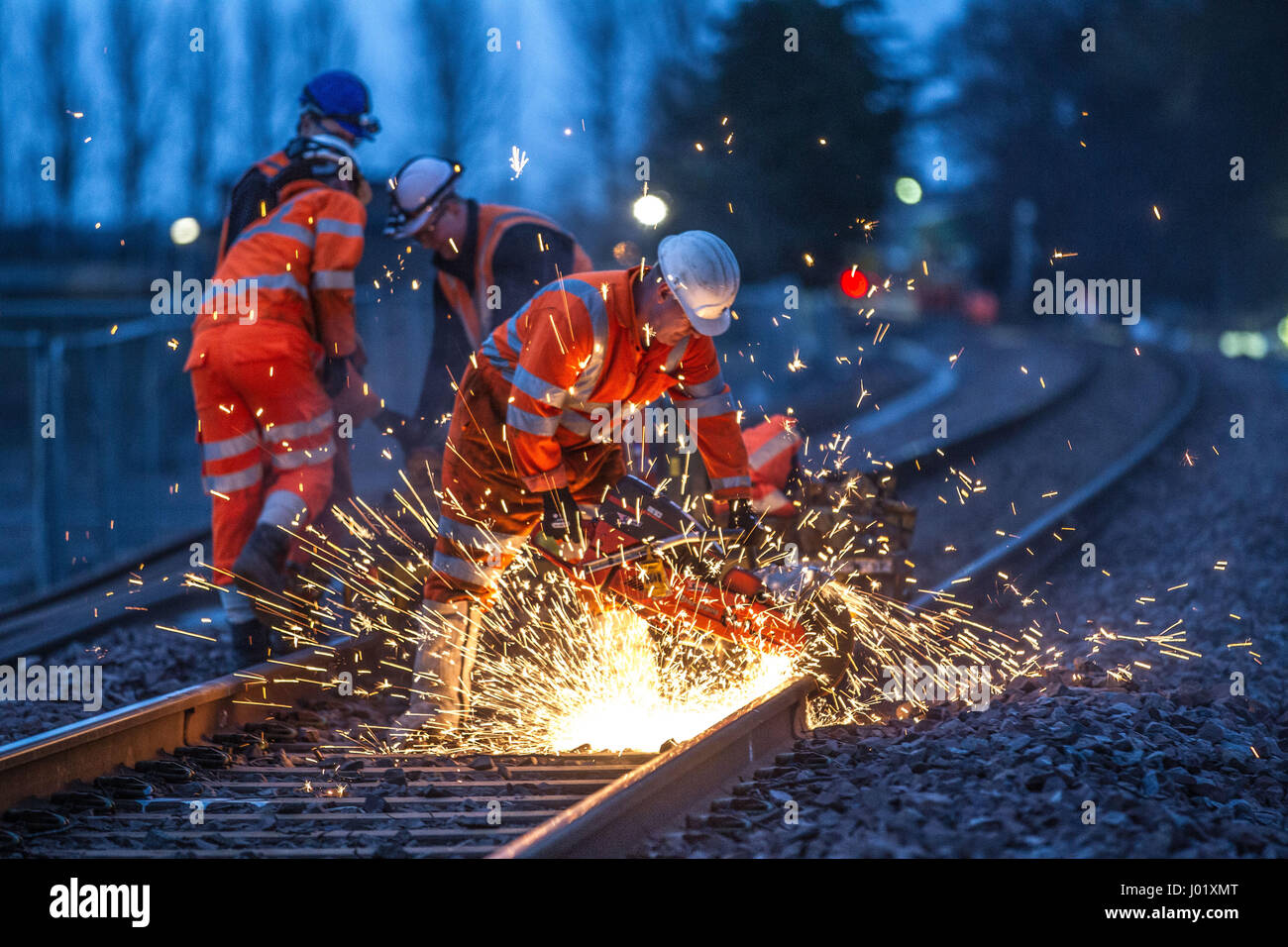 Construction work at night on the railway tracks hi-res stock ...