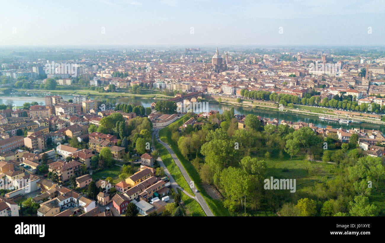 Aerial view of Pavia and the Ticino River, View of the Cathedral of ...