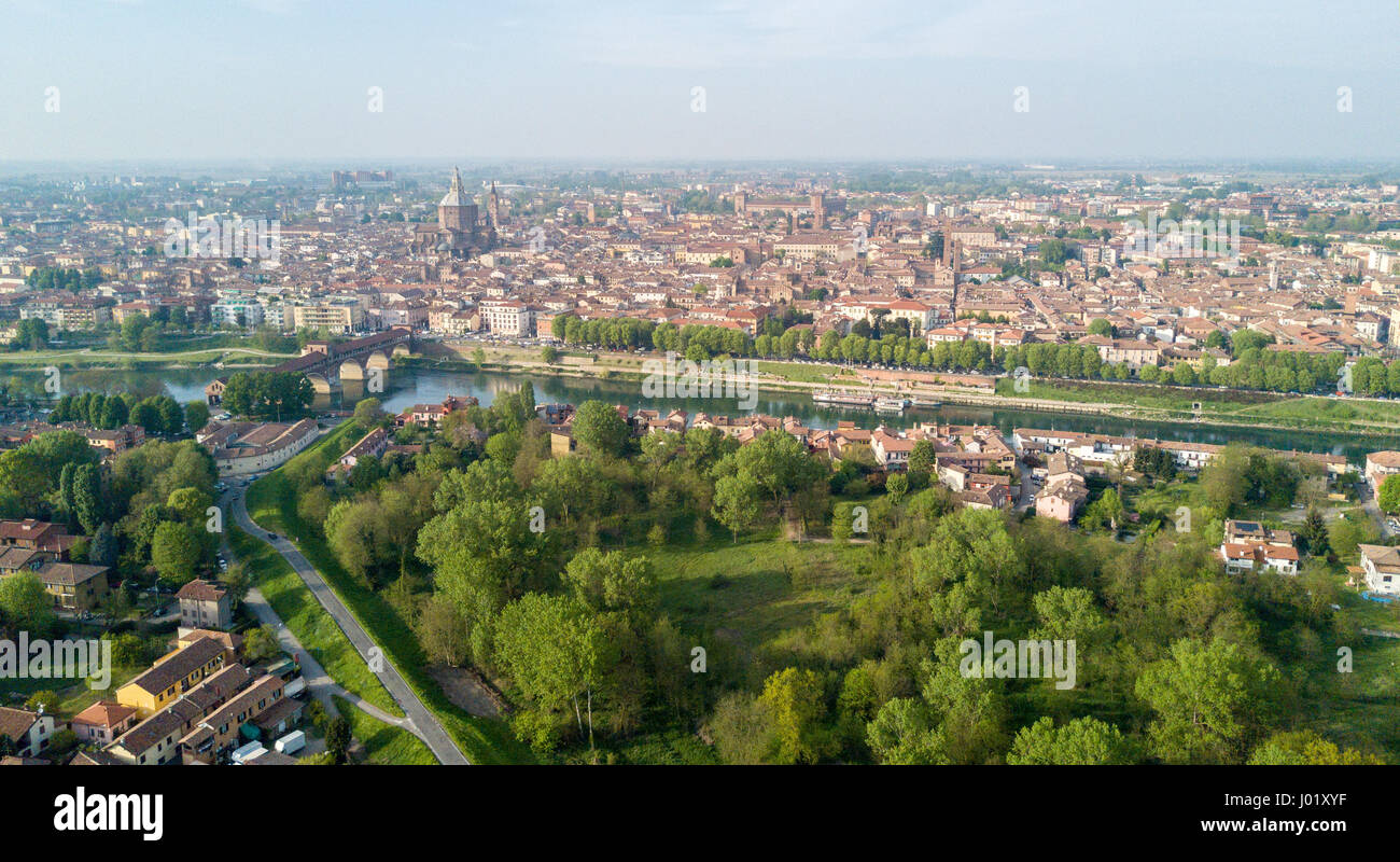 Aerial view of Pavia and the Ticino River, View of the Cathedral of ...