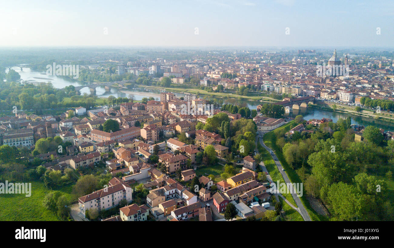 Aerial view of Pavia and the Ticino River, View of the Cathedral of ...