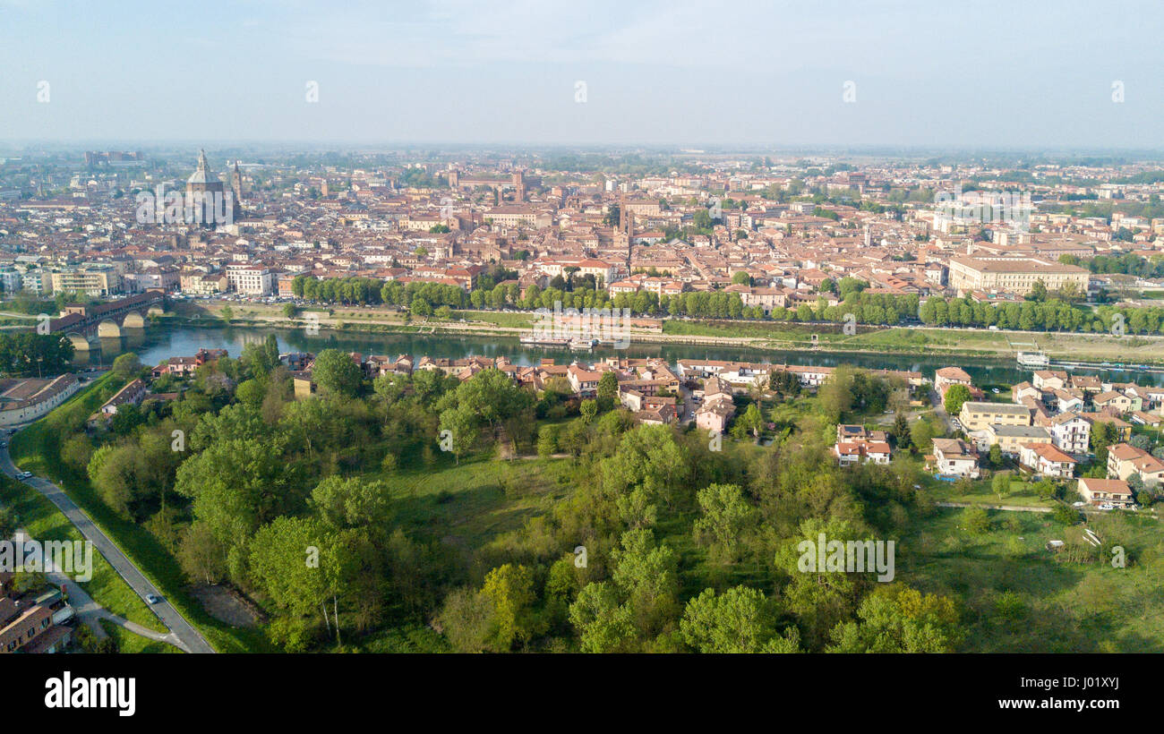 Aerial view of Pavia and the Ticino River, View of the Cathedral of ...