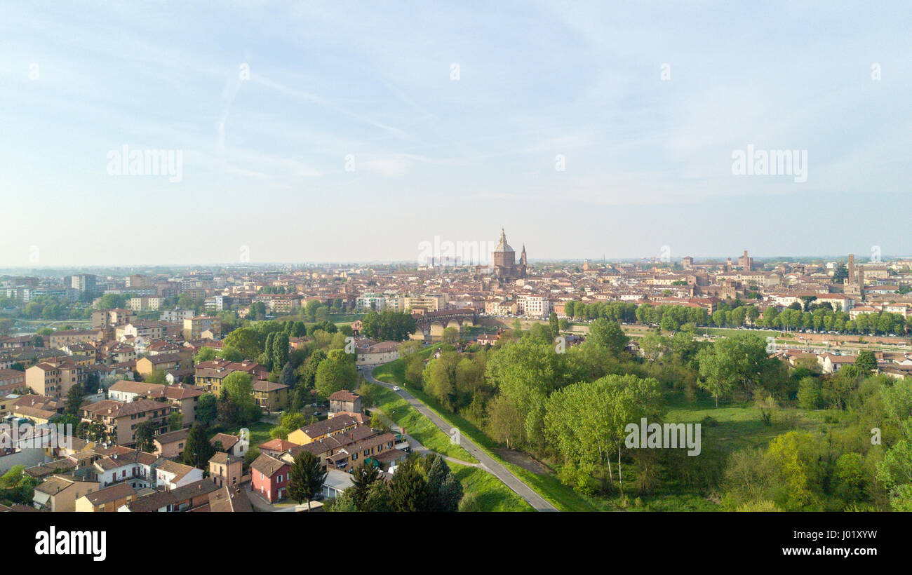 Aerial view of Pavia and the Ticino River, View of the Cathedral of ...
