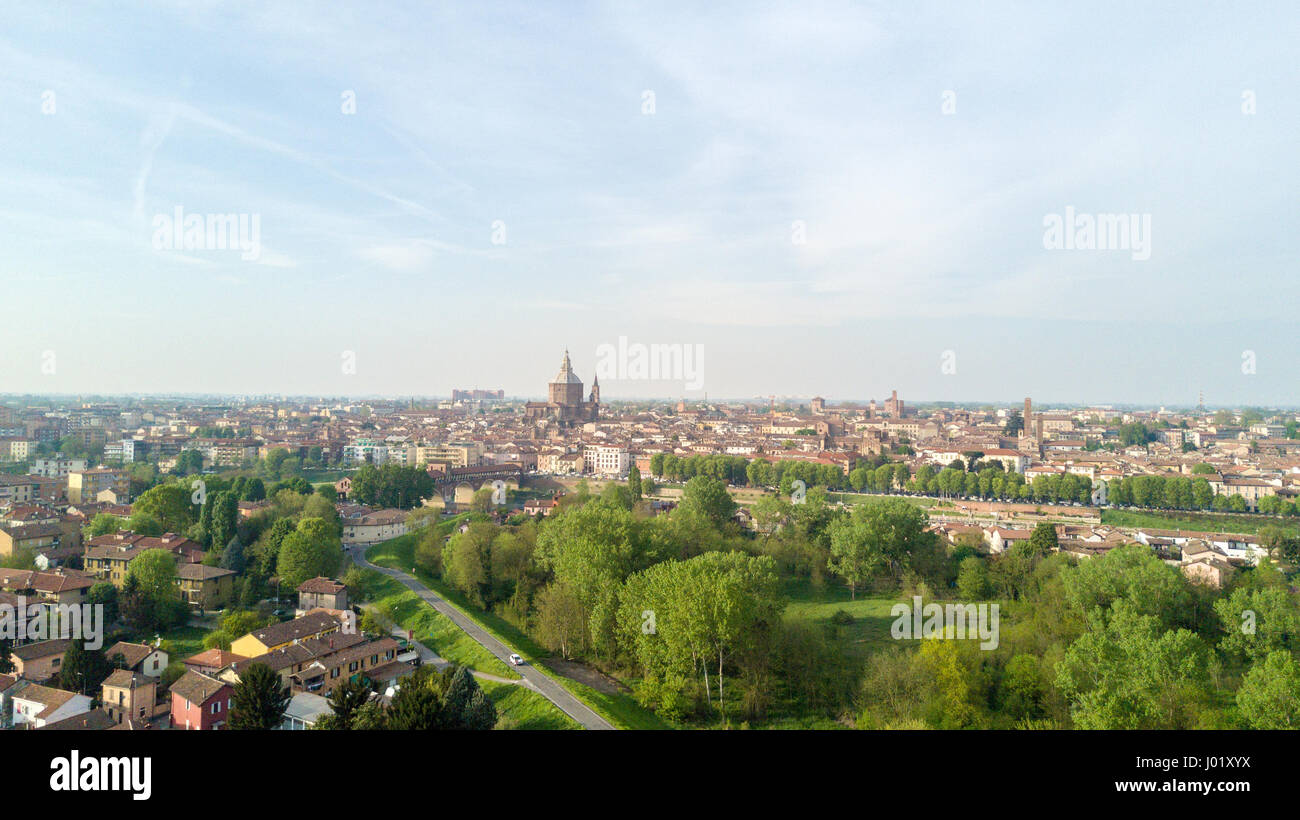 Aerial view of Pavia and the Ticino River, View of the Cathedral of ...