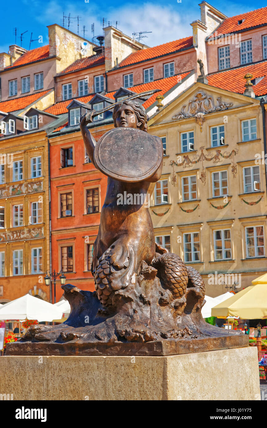 Bronze statue of Mermaid at the Old Town Market Place in Warsaw, Poland ...
