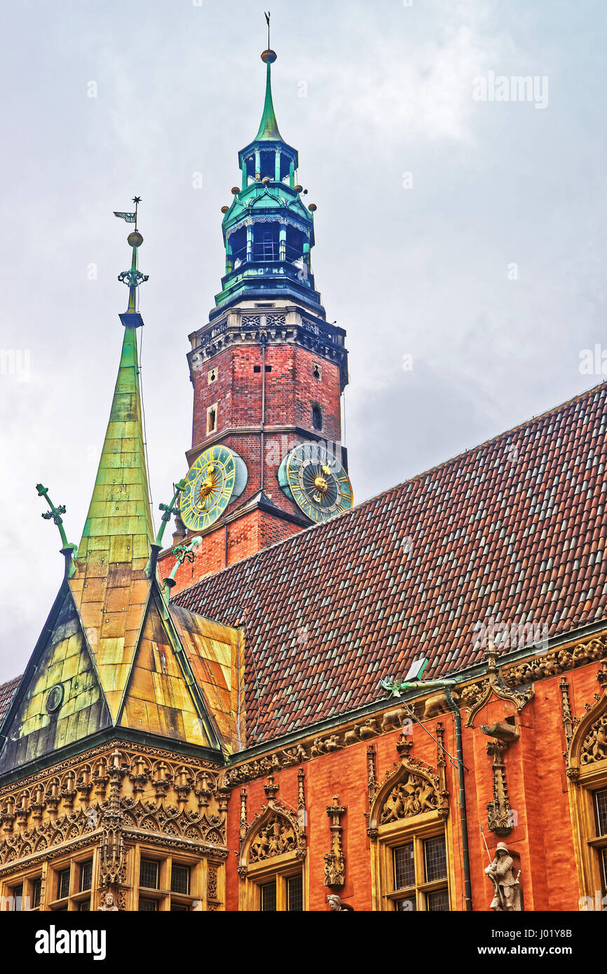 Clock tower of Old Town Hall on the Market Square in Wroclaw, Poland ...