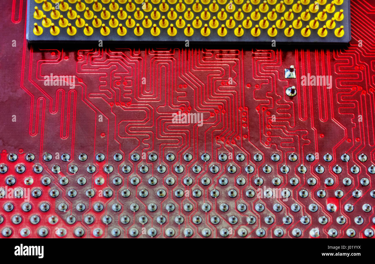 Technological background with red computer motherboard closeup Stock ...