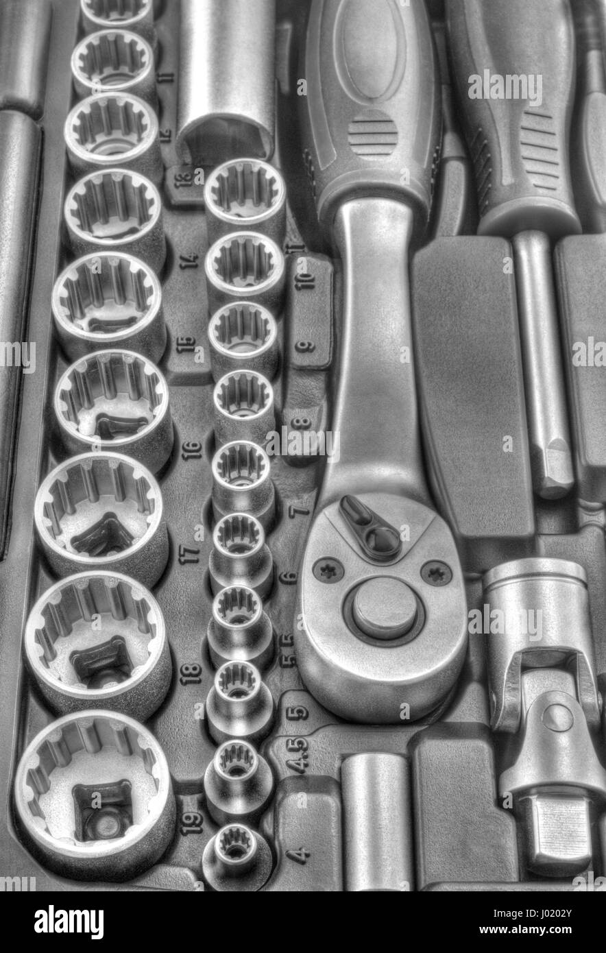 Mechanical bit tool set in black and white Stock Photo - Alamy