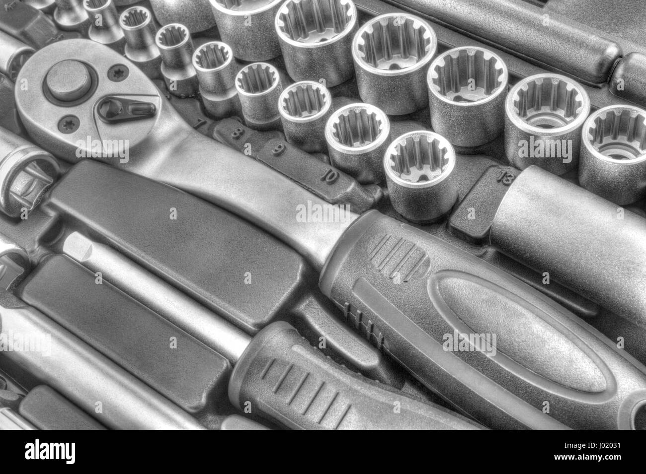 Mechanical bit tool set in black and white Stock Photo - Alamy