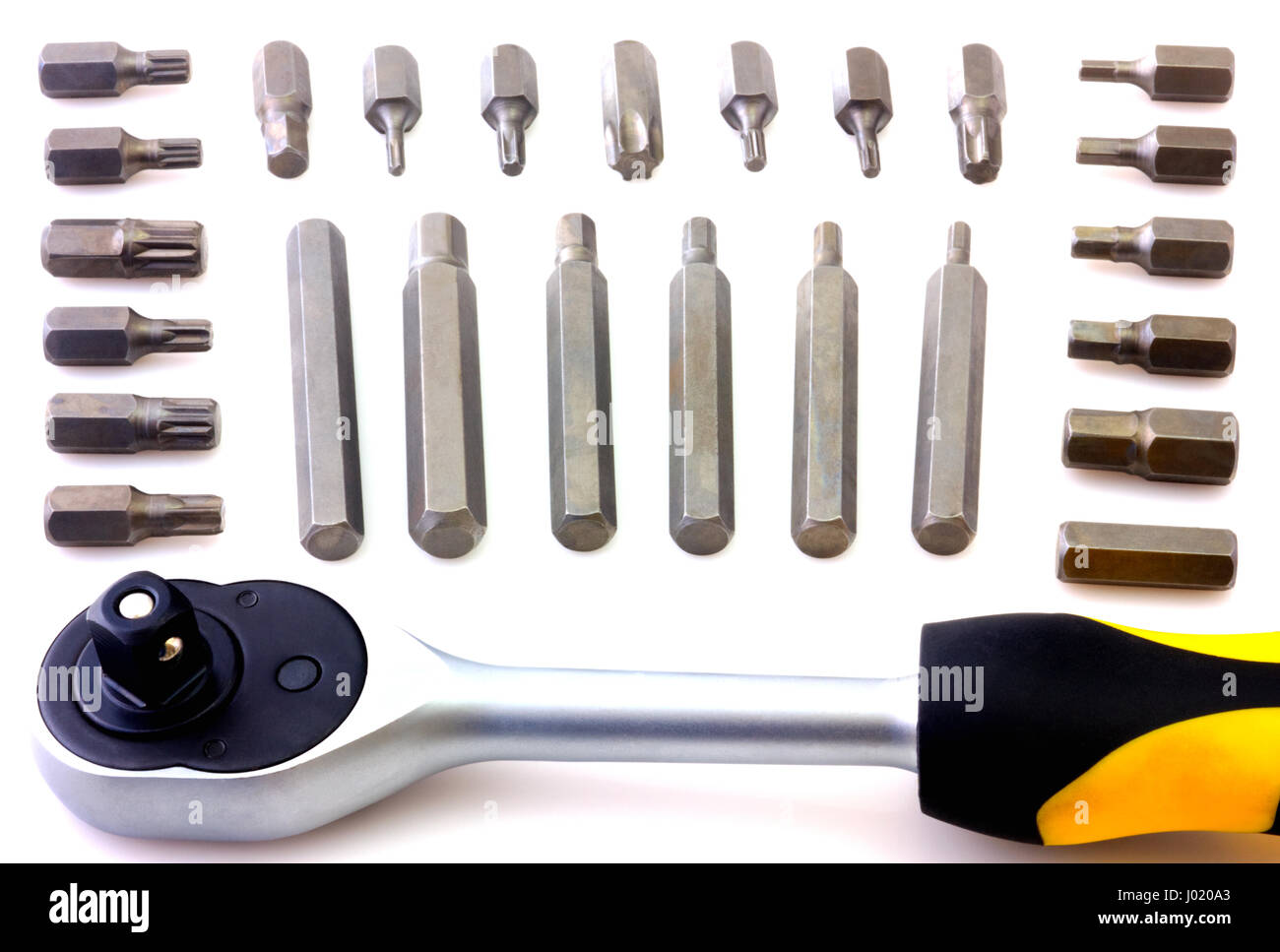 Mechanical bit tool set isolated on white background Stock Photo - Alamy