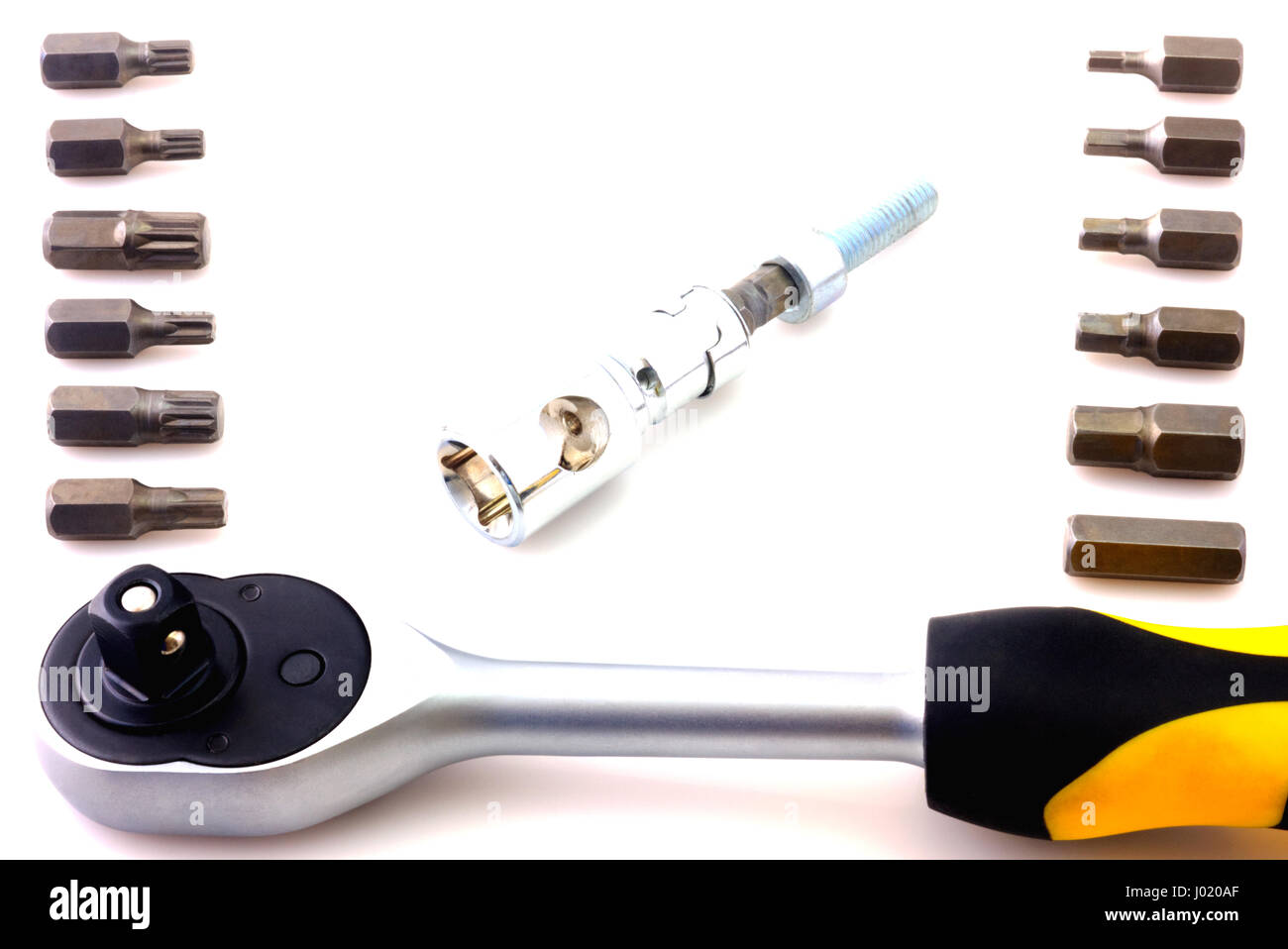 Mechanical bit tool set isolated on white background Stock Photo - Alamy