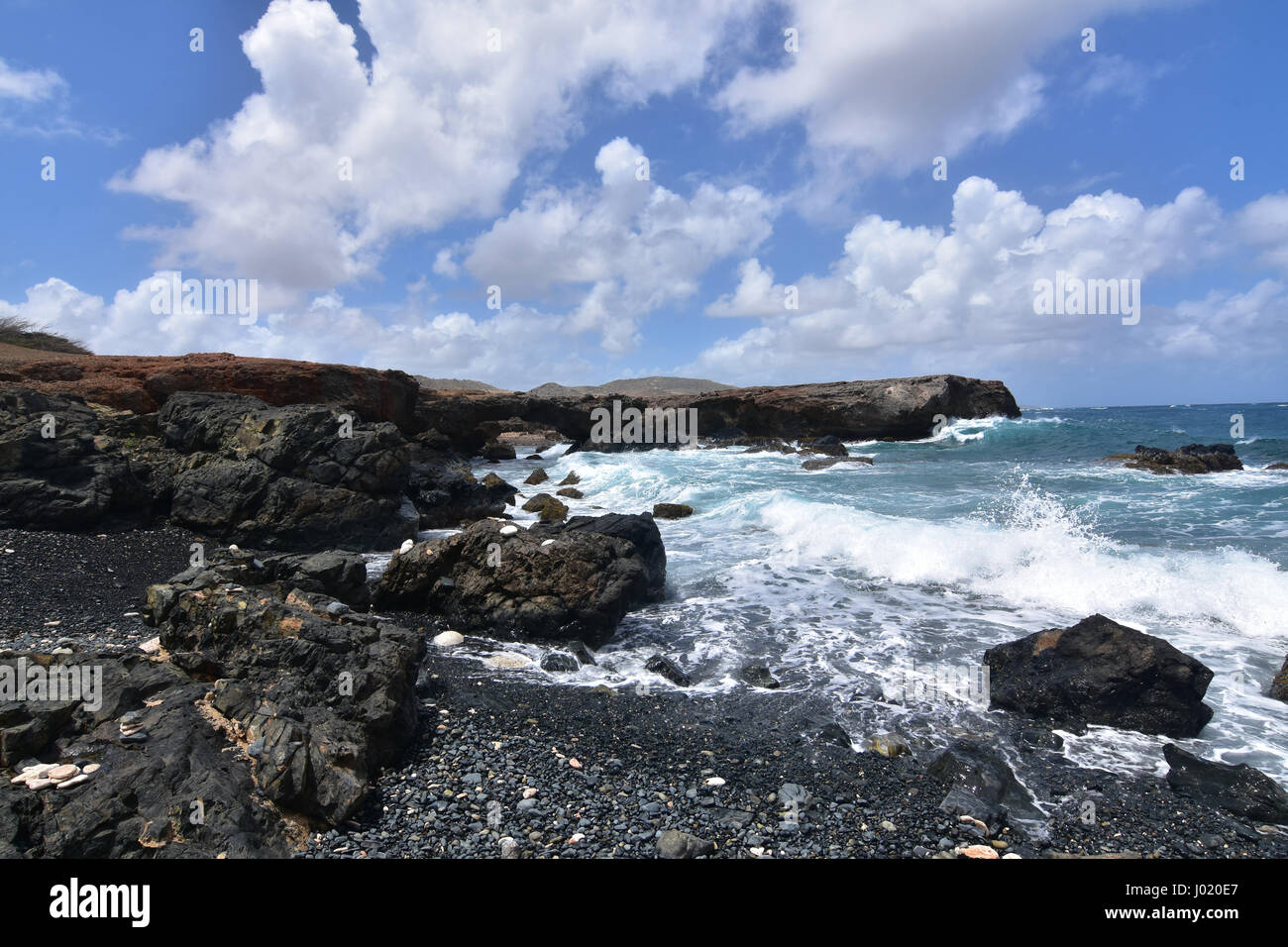 Rugged lava rocks lining the shore of Aruba's black stone beach Stock ...