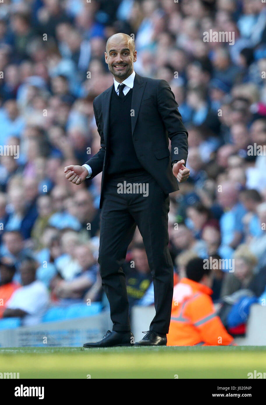 Manchester City manager Pep Guardiola gestures on the touchline during ...