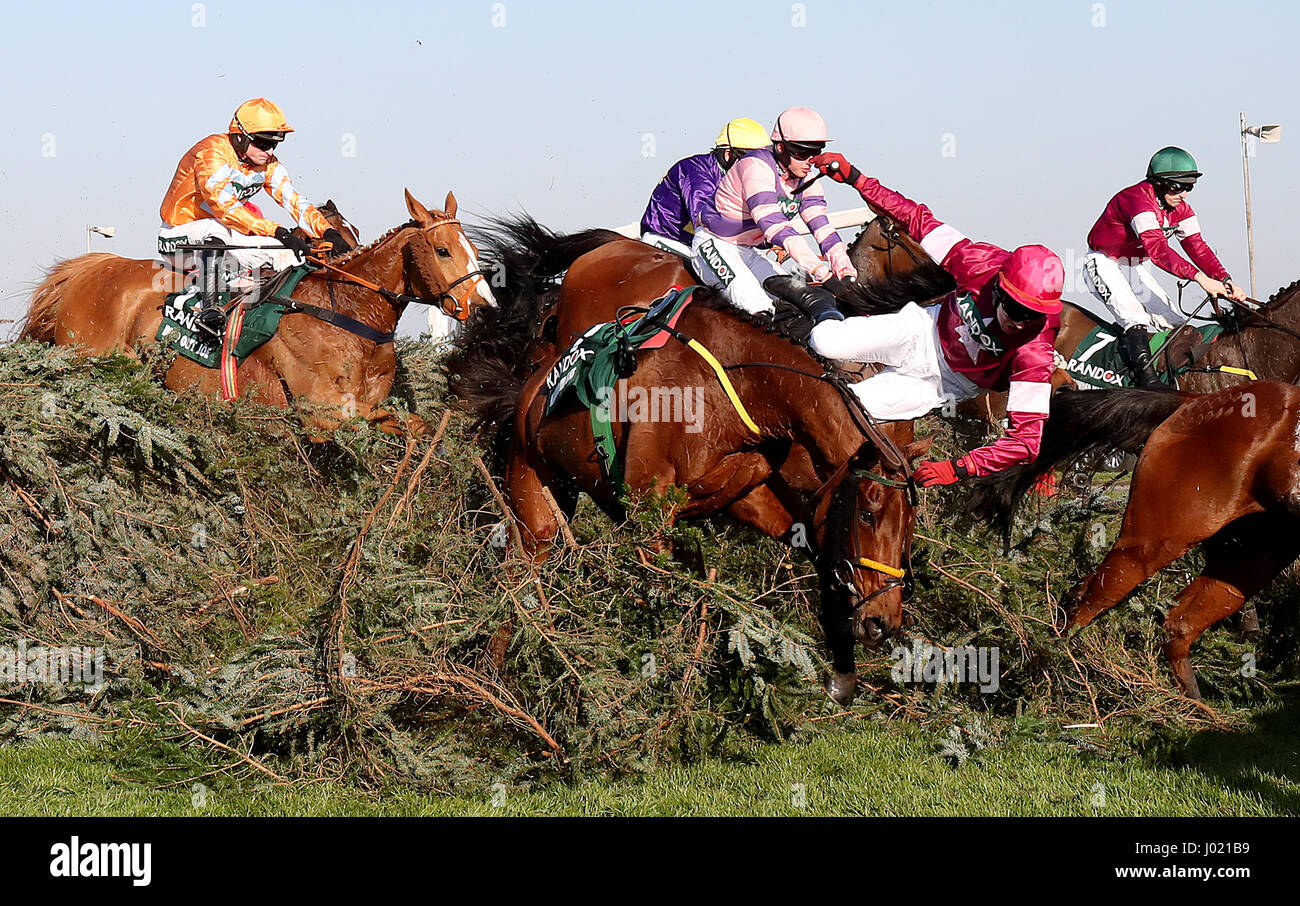 Measureofmydreams (centre) and jockey Donagh Meyler take a fall during ...