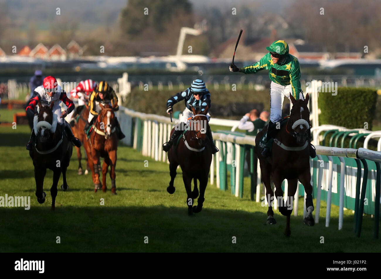 Jockey Daniel Sansom on Chesterfield (right) wins the Pinsent Masons ...