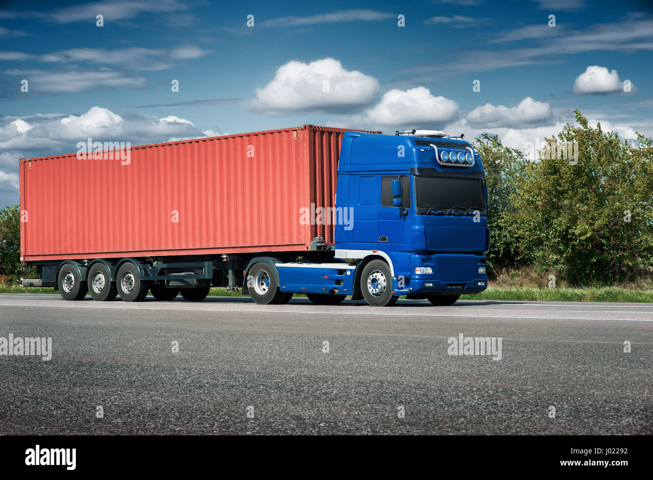 Truck on road with red blank container, shipping, delivery and cargo ...