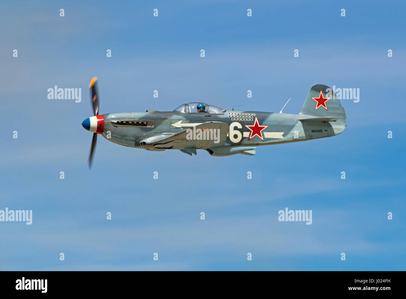 Airplane vintage WWII Russian YAK aircraft flying at Los Angeles Air ...