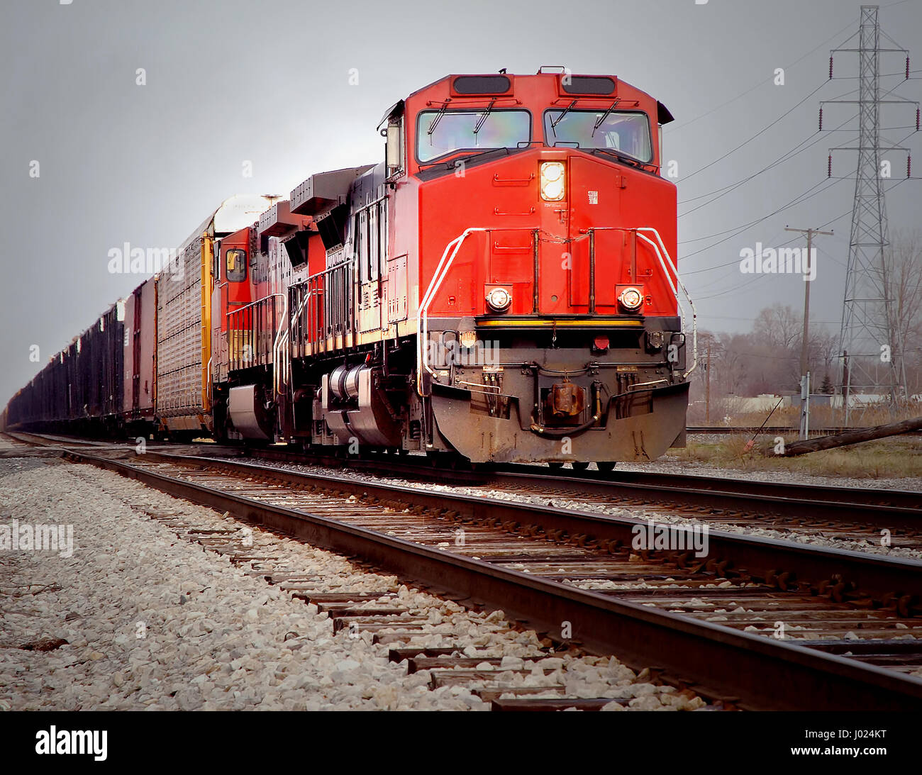 Train engines pulling trains out of Detroit Stock Photo - Alamy