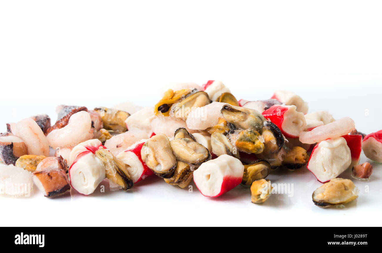 Frozen seafood mix of shrimps, surimi mussels and octopus Stock Photo ...