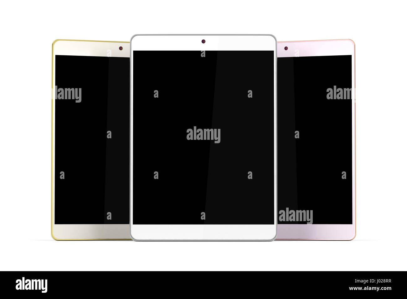 Three tablet computers with different colors on white background Stock ...