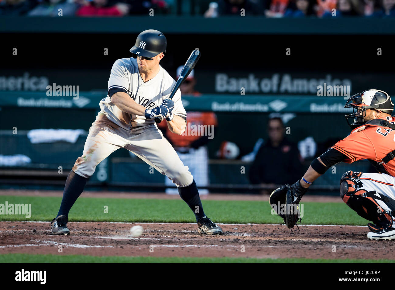 Baltimore, Maryland, USA. 8th Apr, 2017. New York Yankees left fielder ...