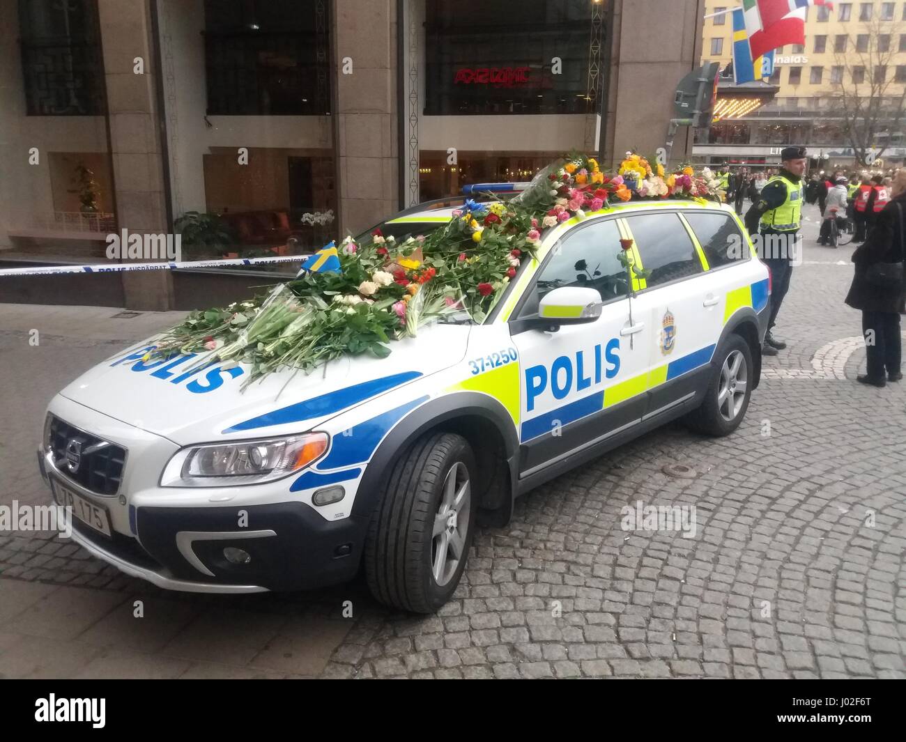 Swedish Polis (police) car parked in central street in Stockholm ...
