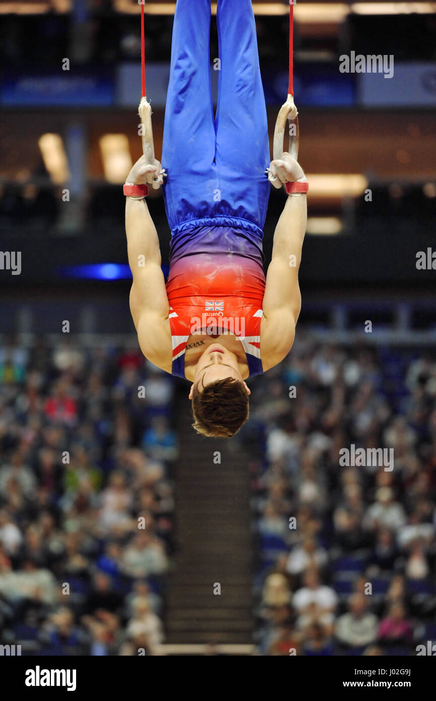 London, UK. 8th April, 2017. Brinn Bevan (GBR) competing in the Rings ...