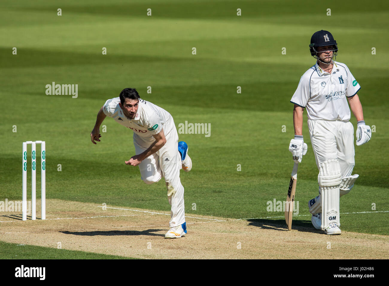 London, UK. 9 April, 2017. Mark Footitt bowling for Surrey against ...
