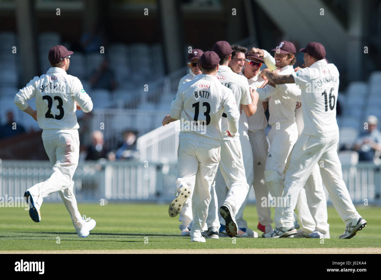 London, UK. 9th Apr, 2017. Ian Bell is out and the Surrey team ...