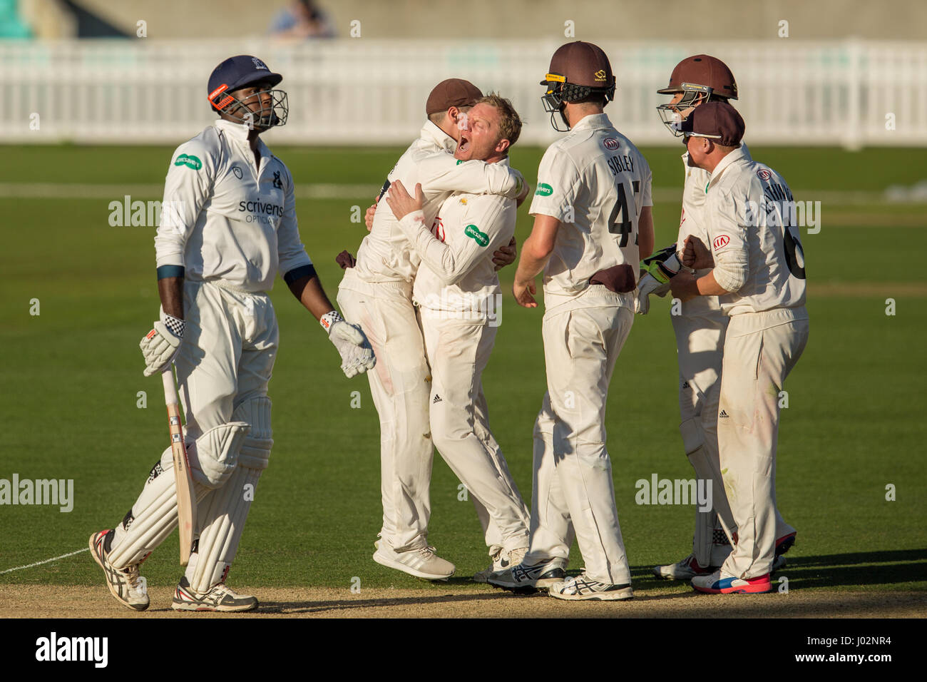 London, UK. 9 April, 2017. Gareth Batty celebrates getting Keith Baker ...