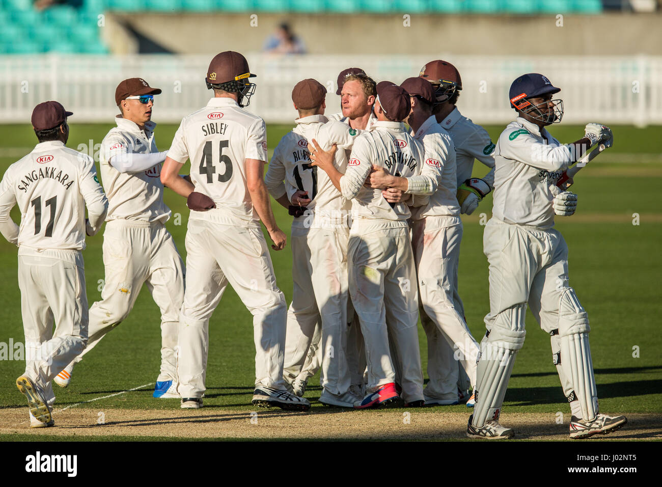 London, UK. 9 April, 2017. Gareth Batty celebrates getting Keith Baker ...