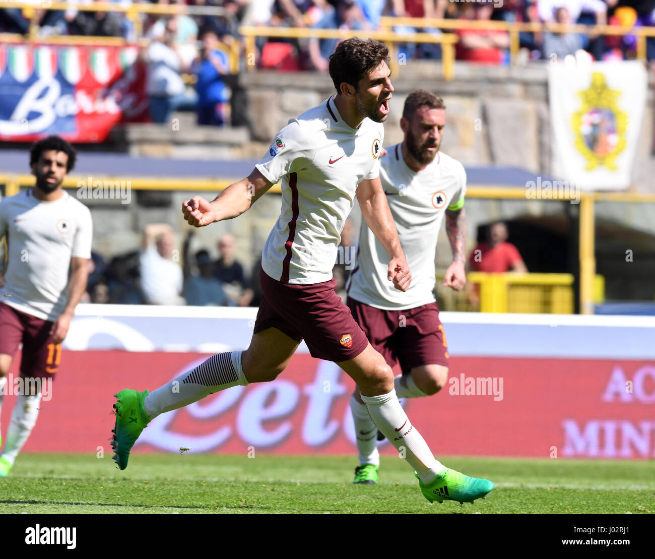 Bologna, Italy. 9th Apr, 2017. Roma's Federico Fazio (front) celebrates ...