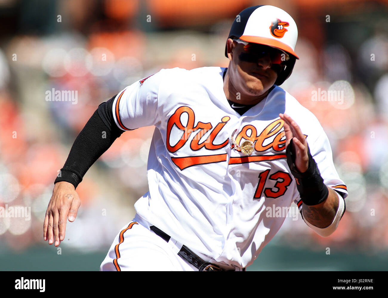 Baltimore, Maryland, USA. 09th Apr, 2017. Baltimore Orioles third baseman Manny Machado (13 ...