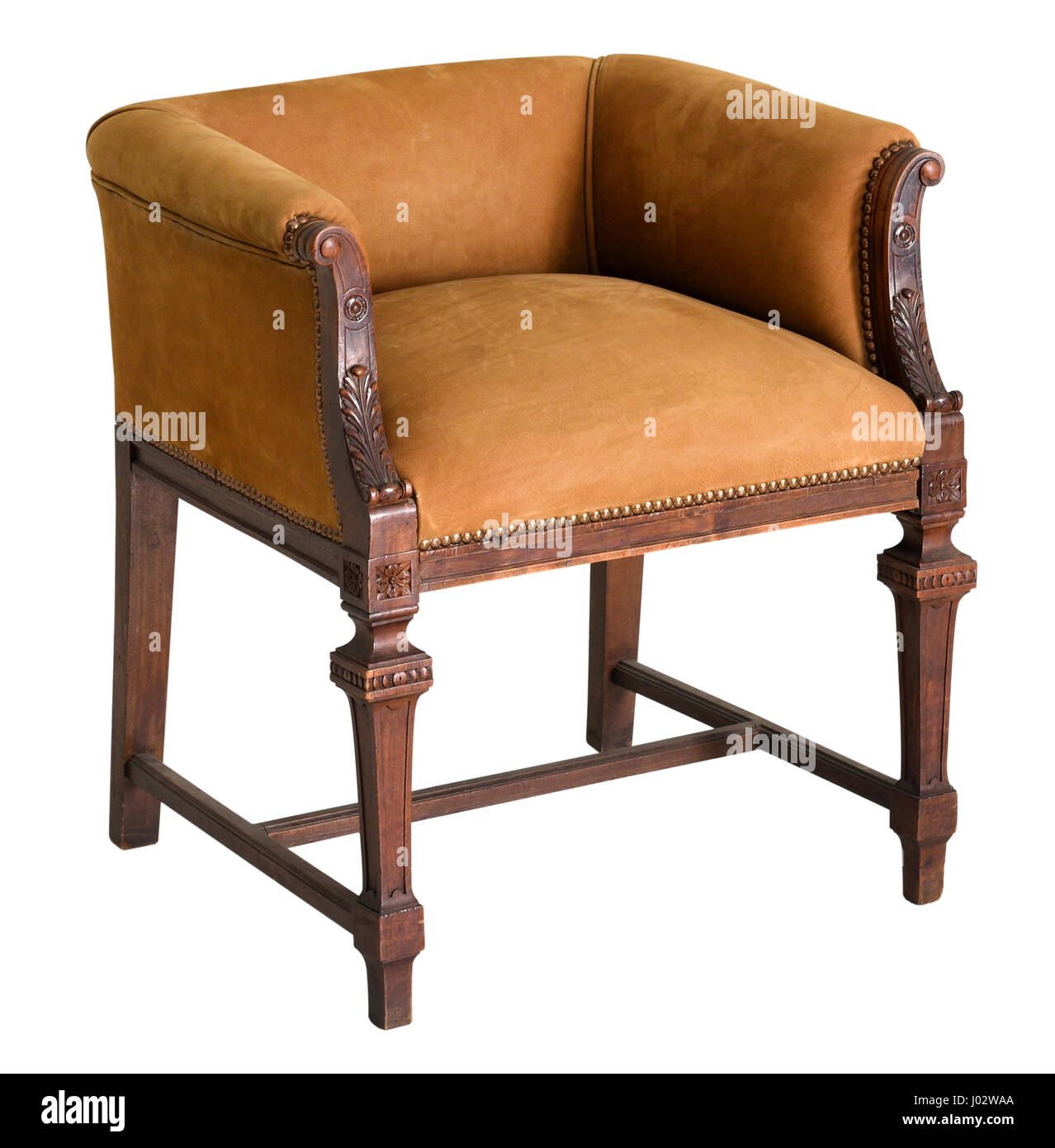 Vintage wooden chair with brown velvet seat and short back on high ...
