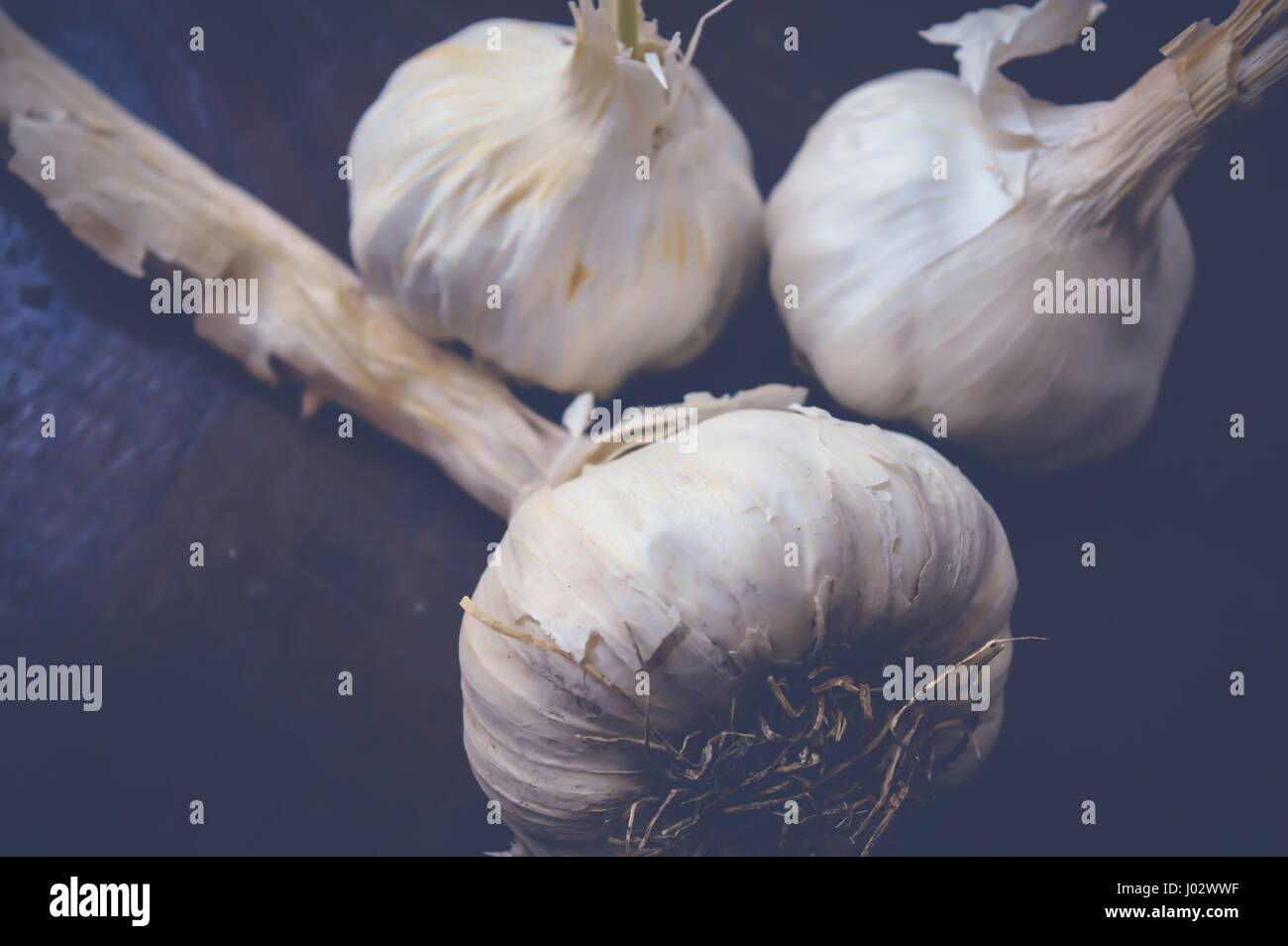 many of garlic on wooden table Stock Photo - Alamy