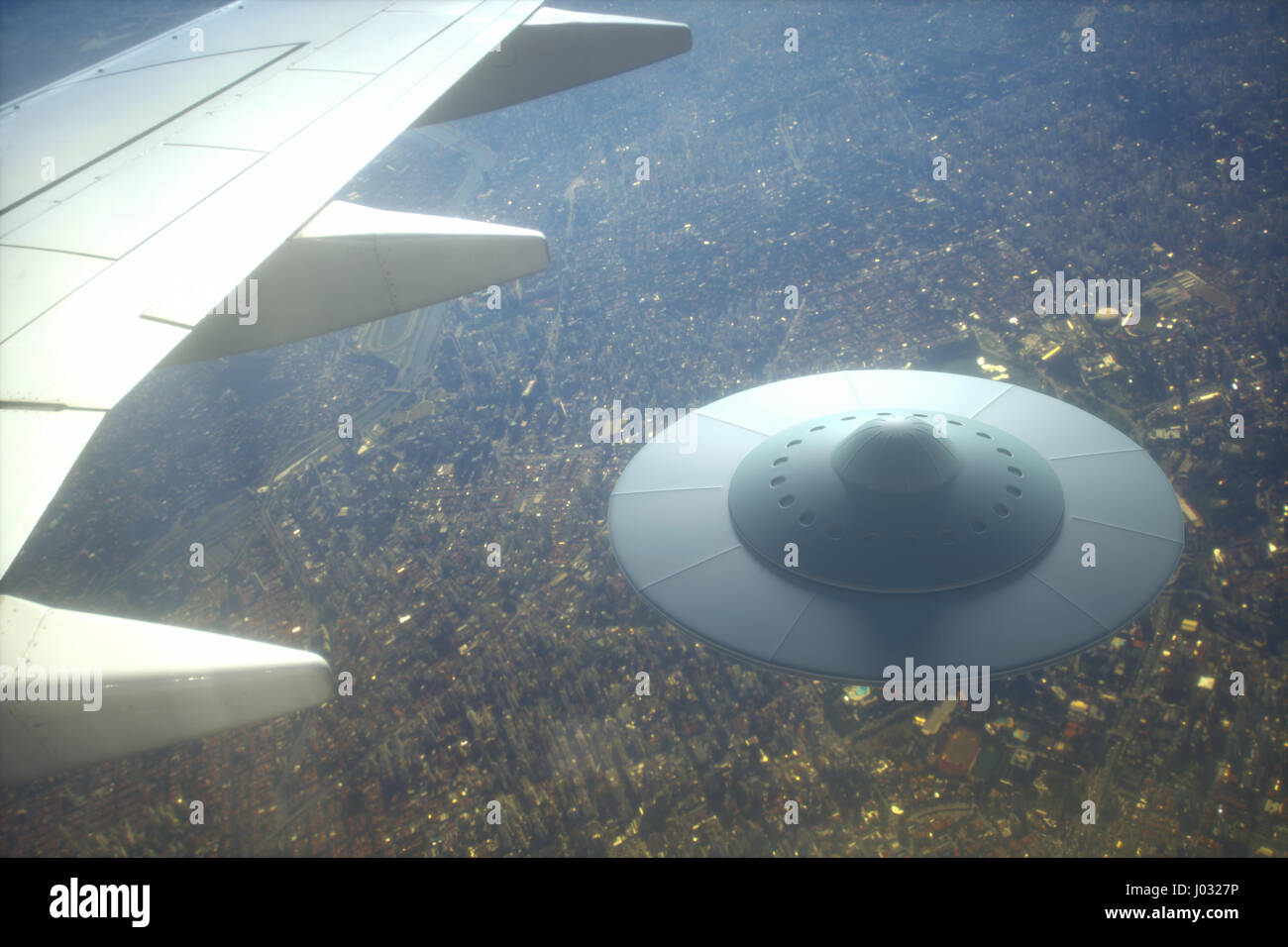 3D illustration with photography. Alien spaceship flying together with ...