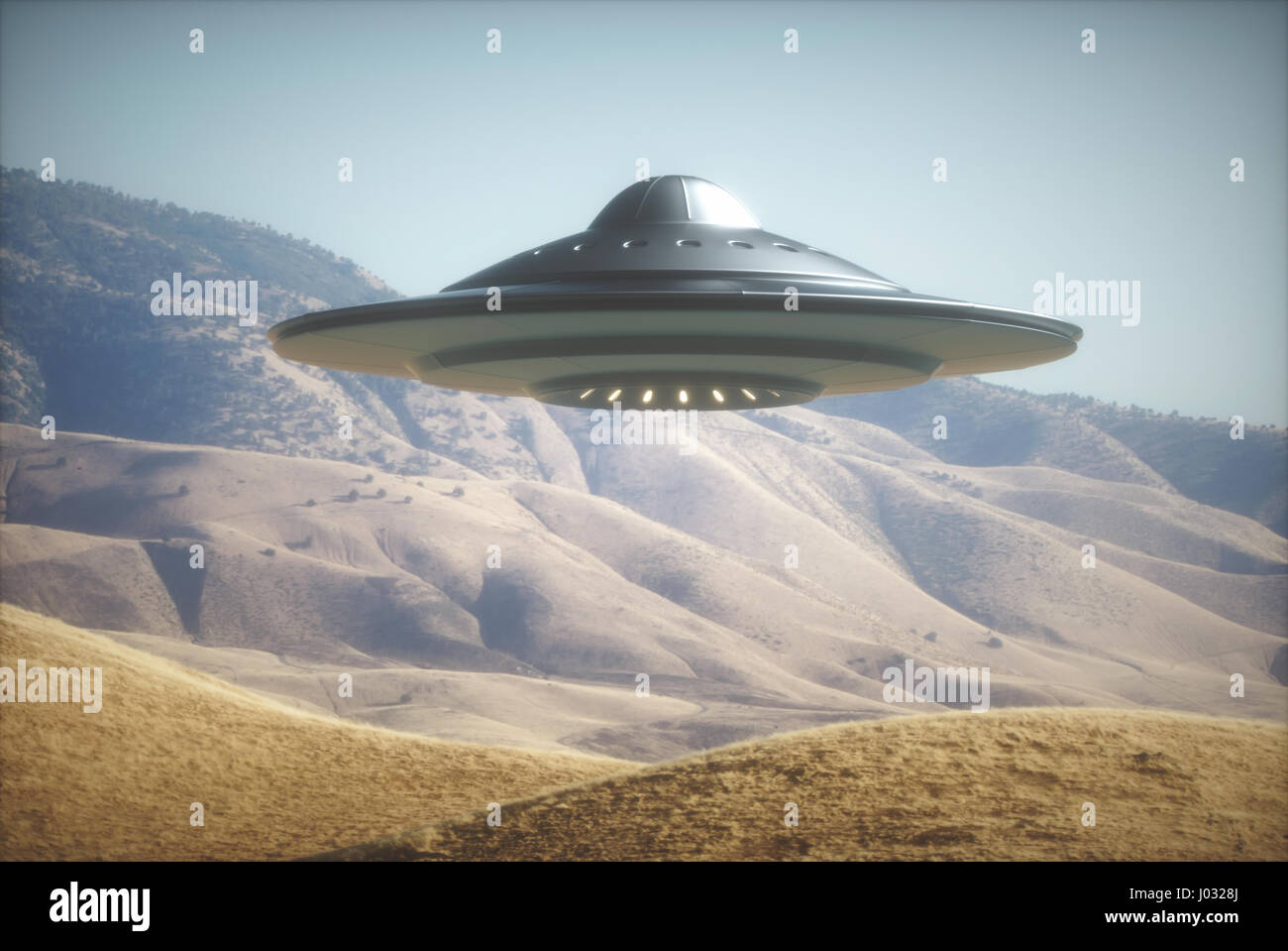 3D illustration with photography. Alien spaceship flying among the ...