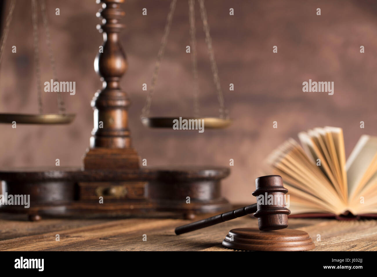 Law and justice theme. Statue of justice, golden scales of justice ...