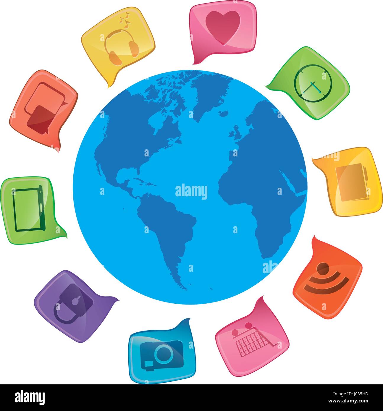 world map globe with dialogue social icons Stock Vector Image & Art - Alamy