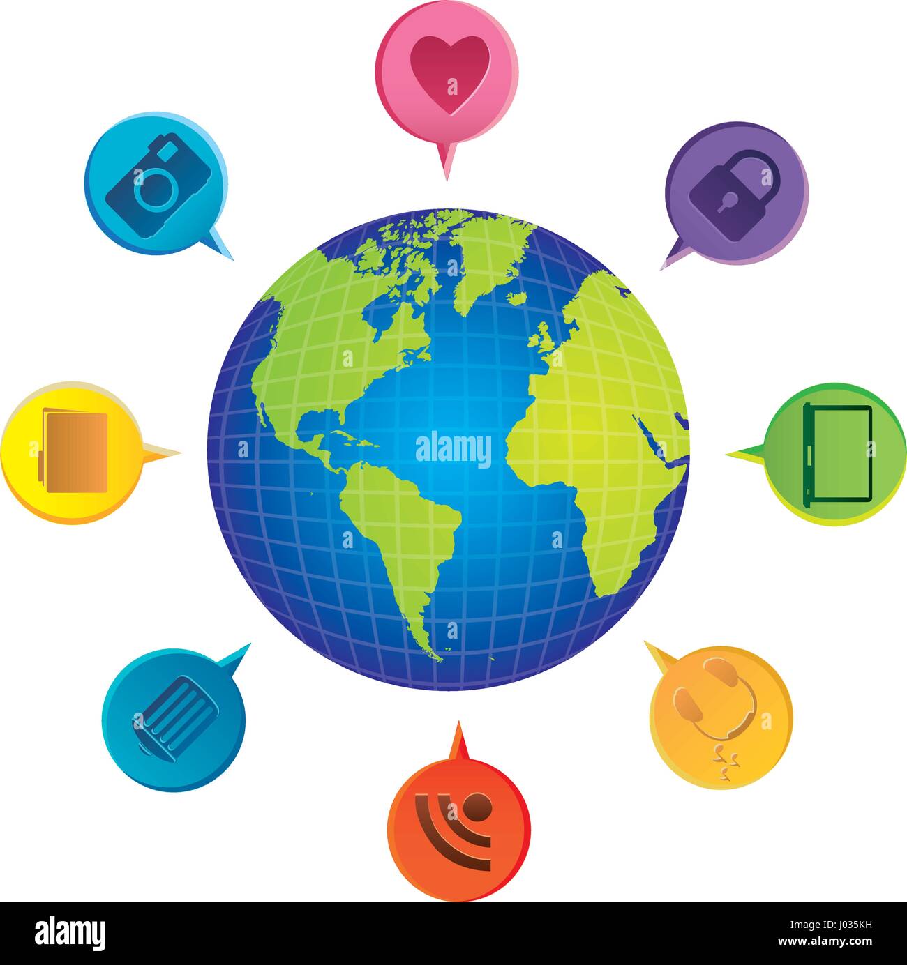 colorful realistic world map globe with dialogue social icons Stock ...