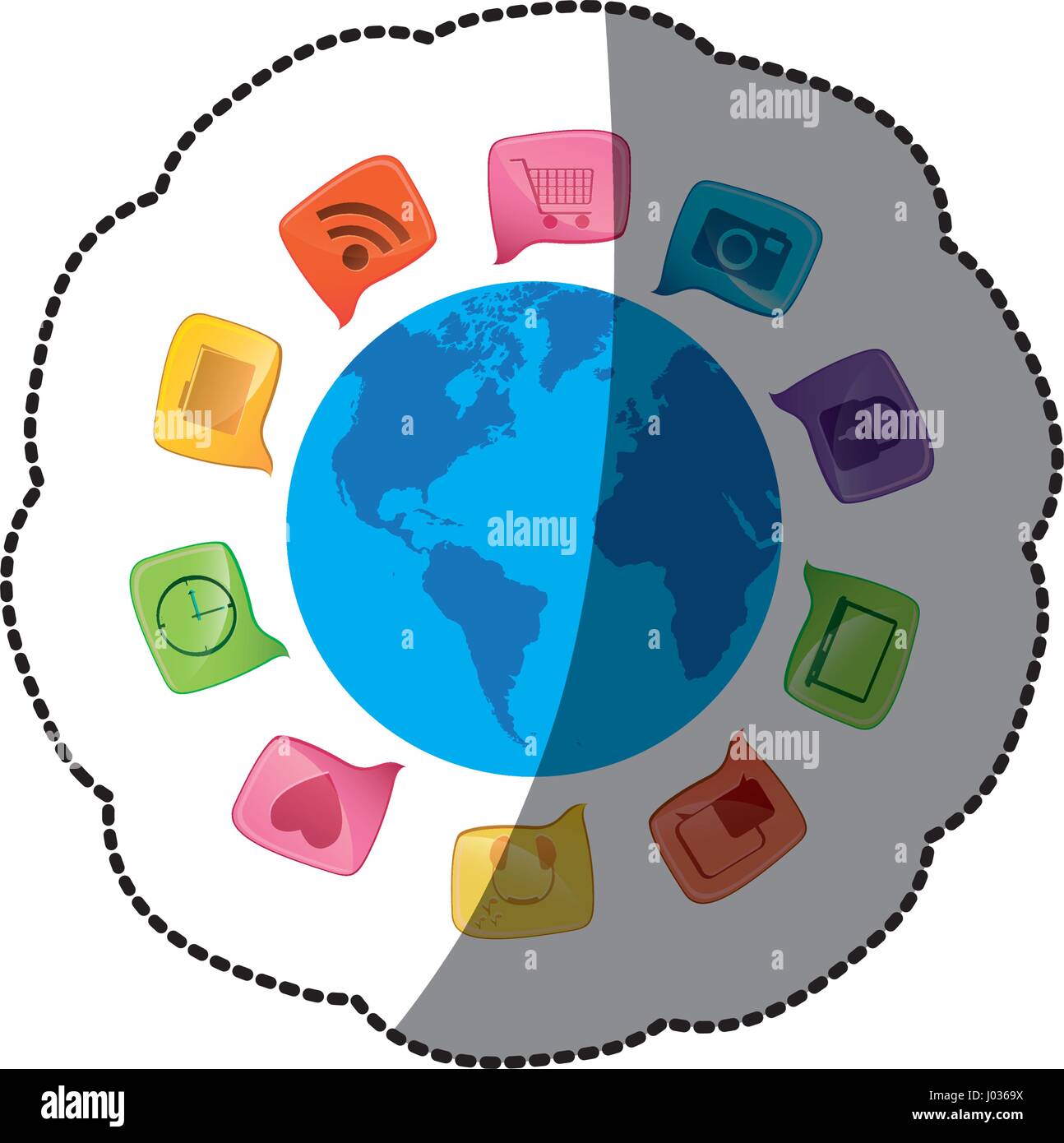 sticker small world map globe with square dialogue social icons Stock ...