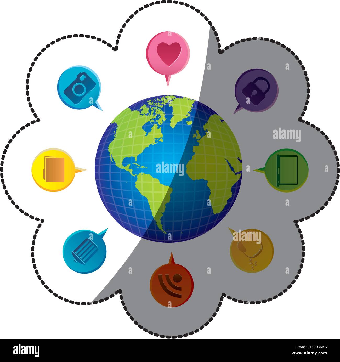 sticker colorful realistic world map globe with dialogue social icons ...