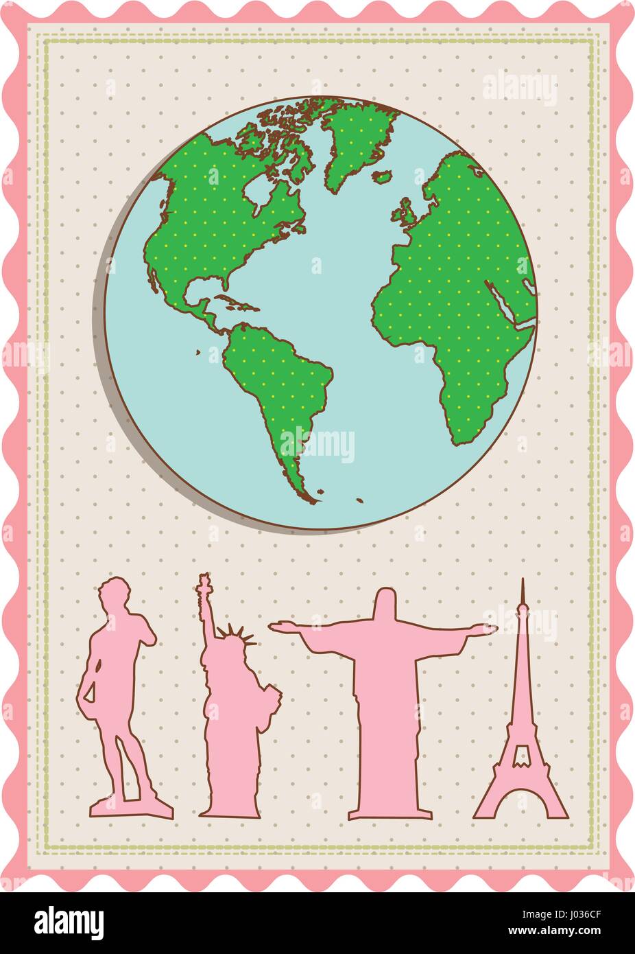 color pastel frame with world map and set of the world landmark icons ...