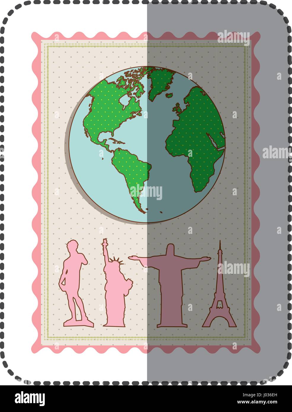 sticker color pastel frame with world map and set of the world landmark ...