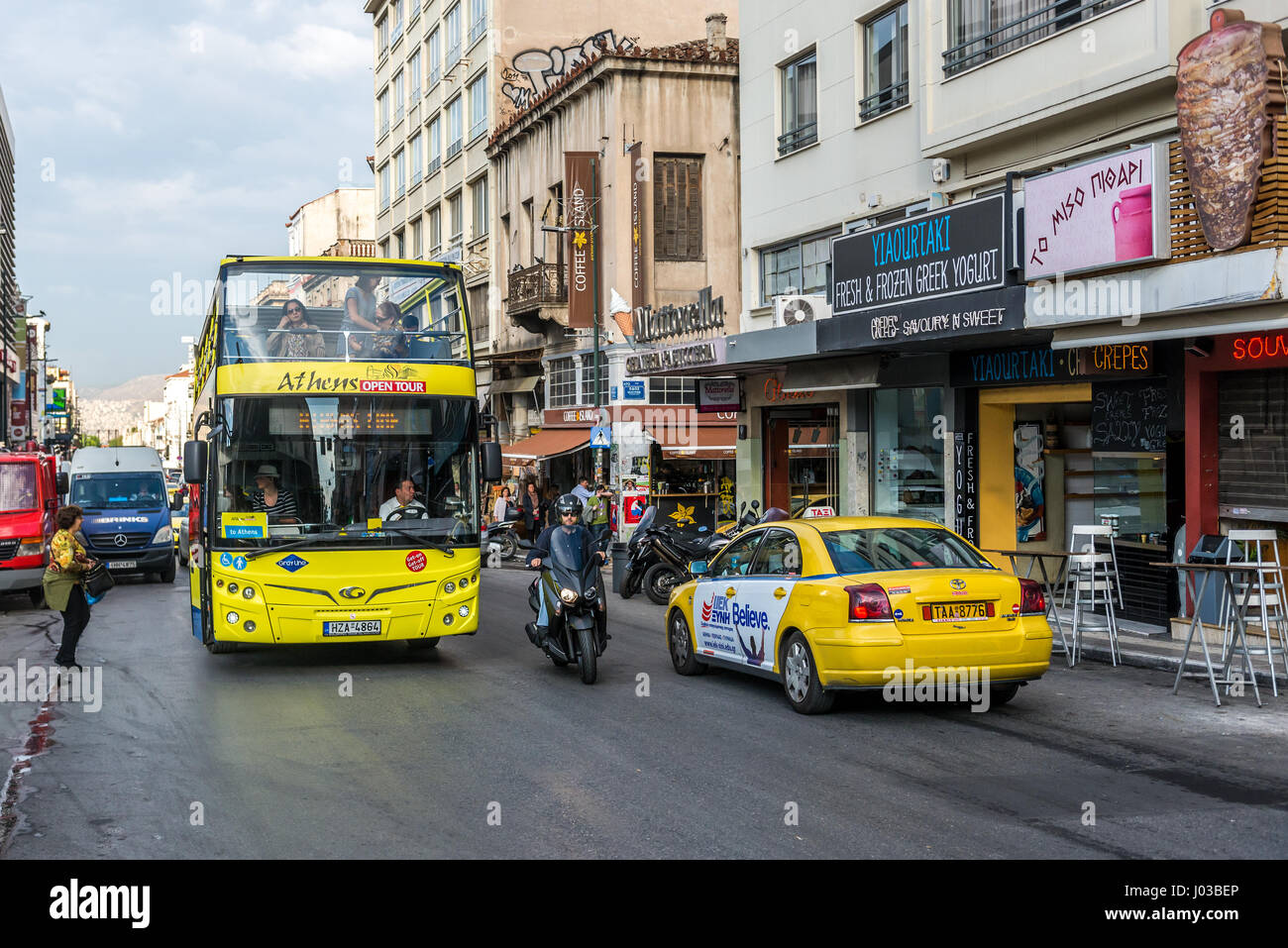 Athens Open Tour tourist bus on Athinas Street in Athens city, Greece ...