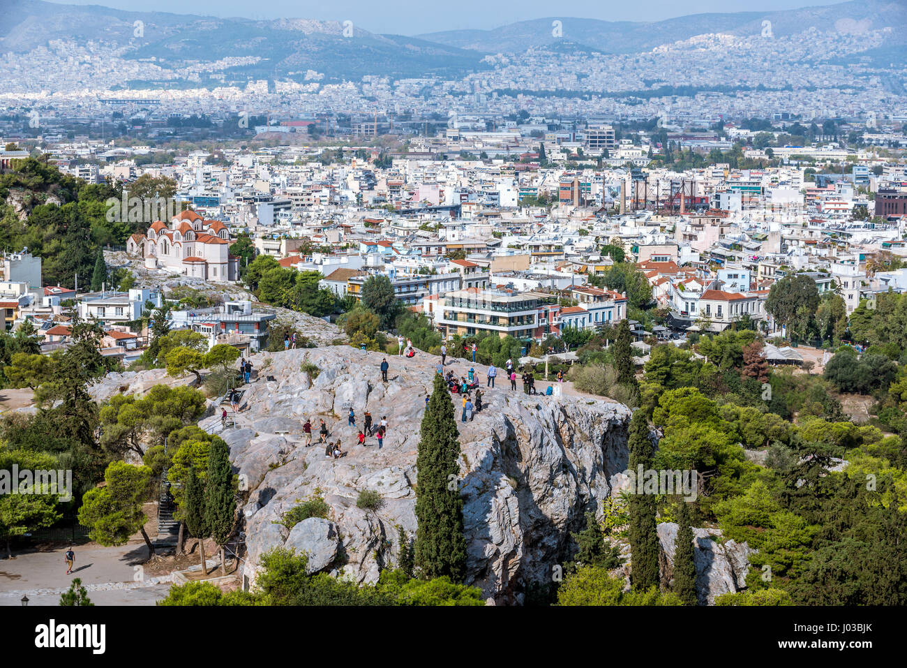 Aerial view with Areopagus rock (also called Ares Rock) near Acropolis ...