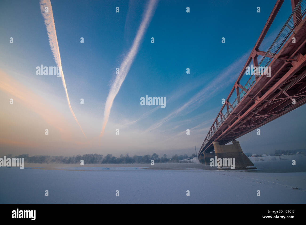 steel bridge over frozen river Stock Photo - Alamy