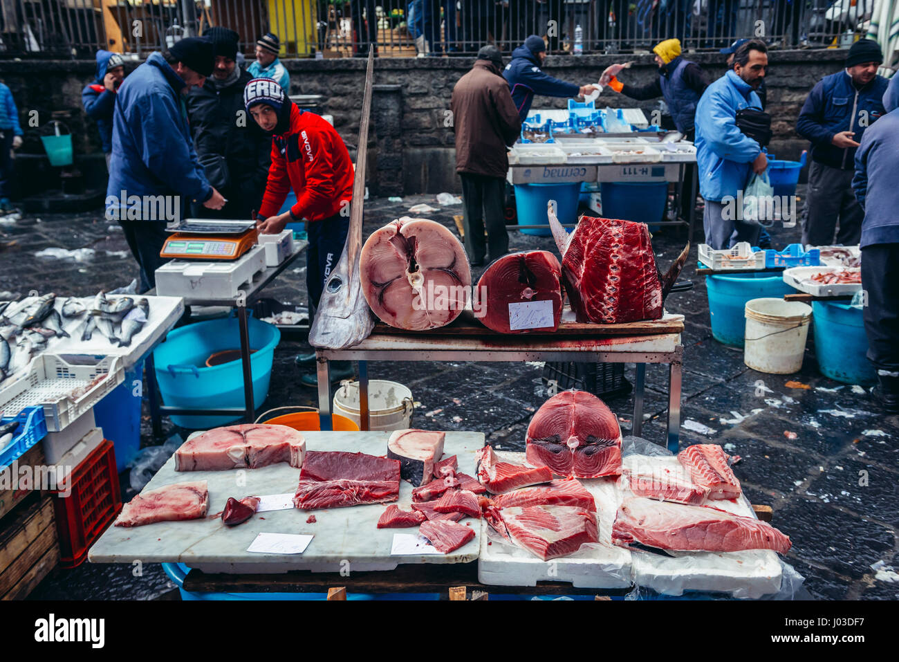 Pieces of swordfish for sale on famous old fish market called La ...