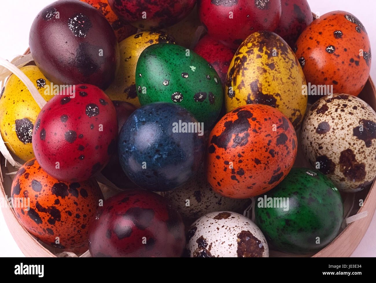 Hand-painted pastel colored Easter quail eggs background Stock Photo ...