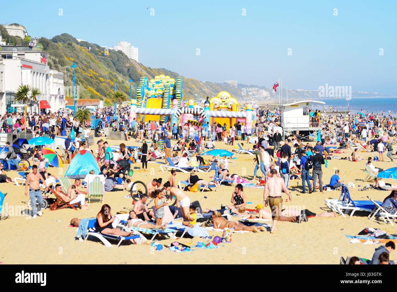 People sunbathing at crowded Bournemouth beach, Dorset, UK Stock Photo ...